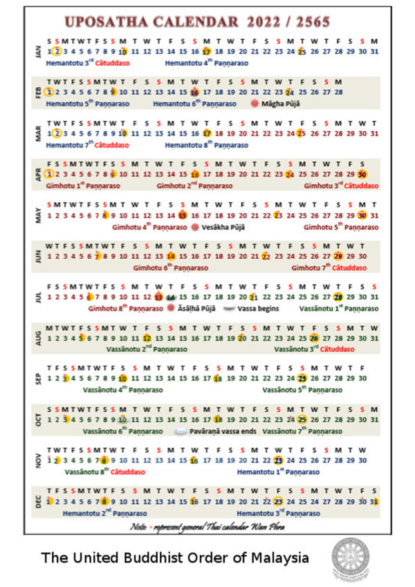 Uposatha Calendar - United Buddhist Order of Malaysia